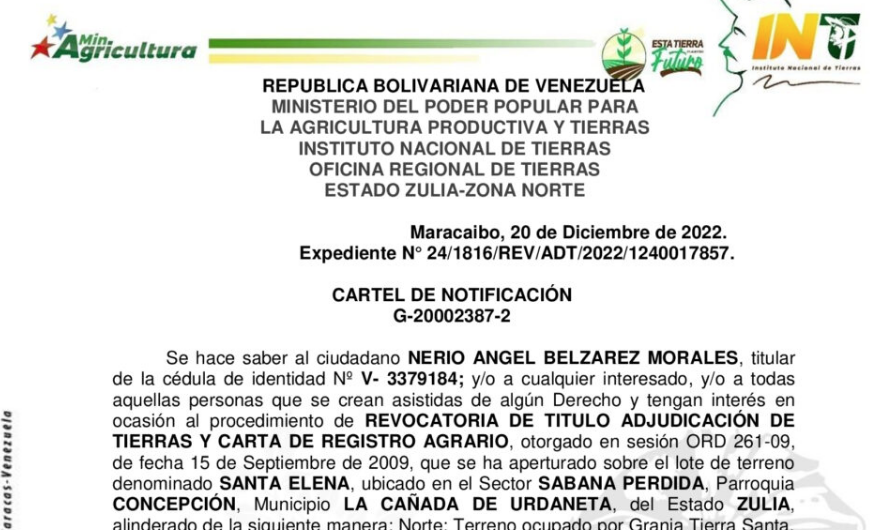INTI | Cartel de Notificación a Nerio Angel Belzarez Morales - Qué Pasa