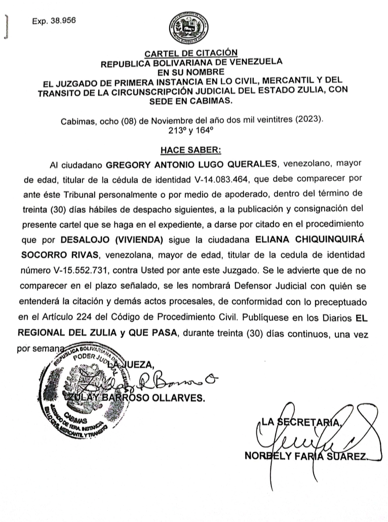 4ta. Citación a Gregory Antonio Lugo Querales por desalojo de vivienda ...