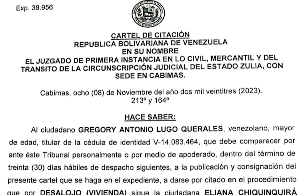 4ta. Citación a Gregory Antonio Lugo Querales por desalojo de vivienda ...