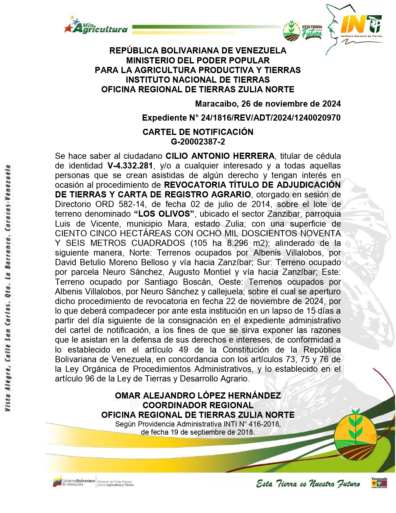 INTI | Cartel de Notificación de Revocatoria a Cilio Antonio Herrera ...