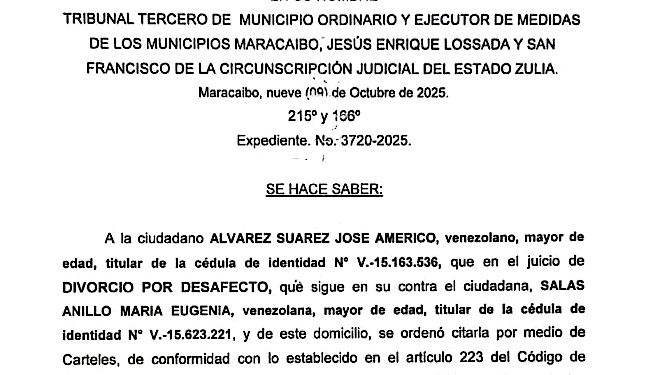 Cartel de Citación a José Américo Álvarez Suárez al juicio por Divorcio ...