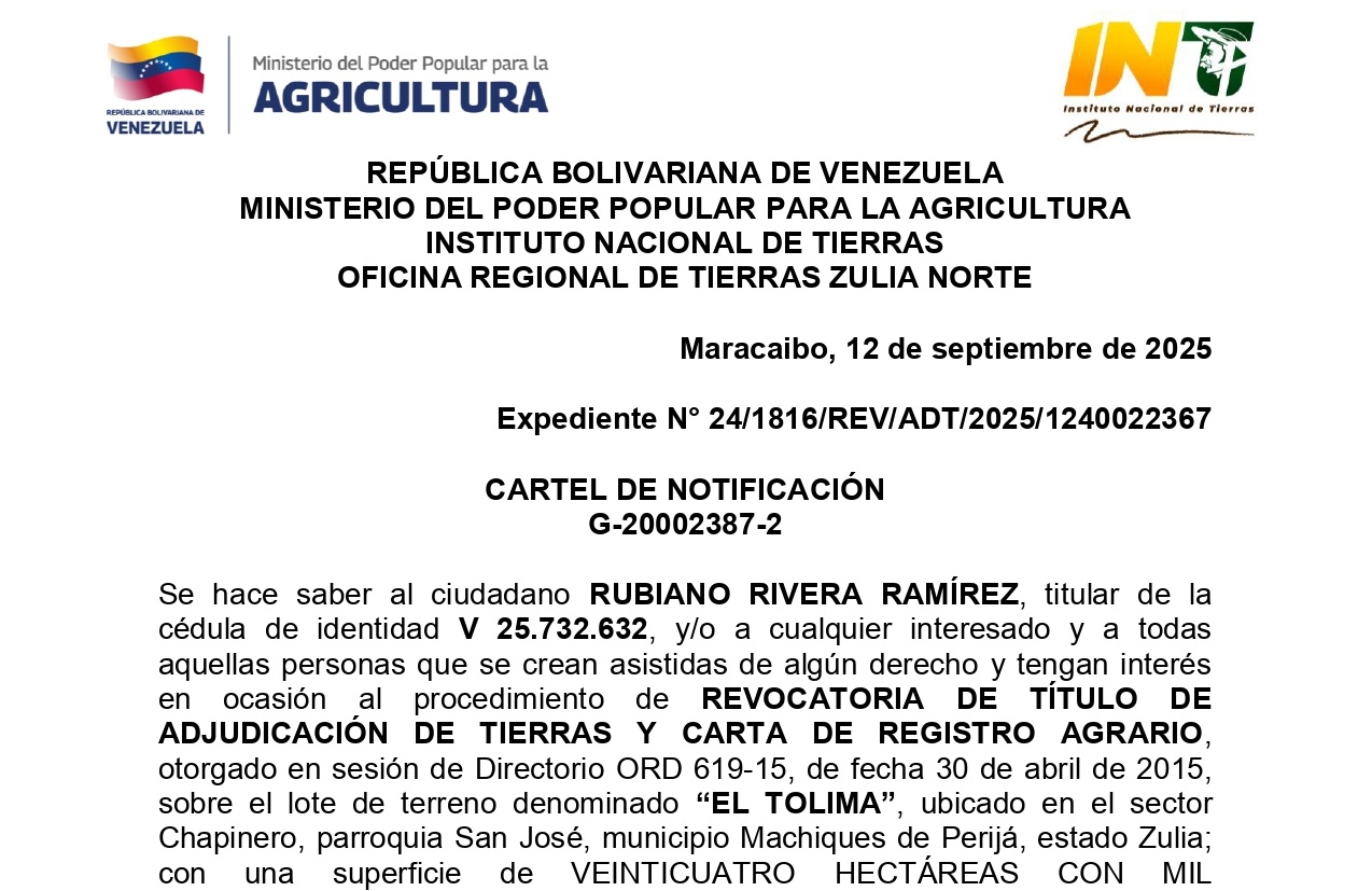 INTI | Cartel de Notificación de Revocatoria a Rubiano Rivera Ramírez ...