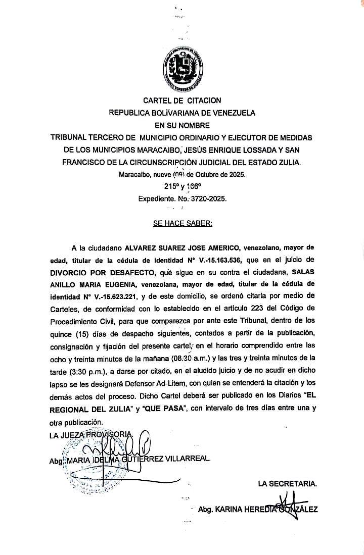 Cartel de Citación a José Américo Álvarez Suárez al juicio por Divorcio ...
