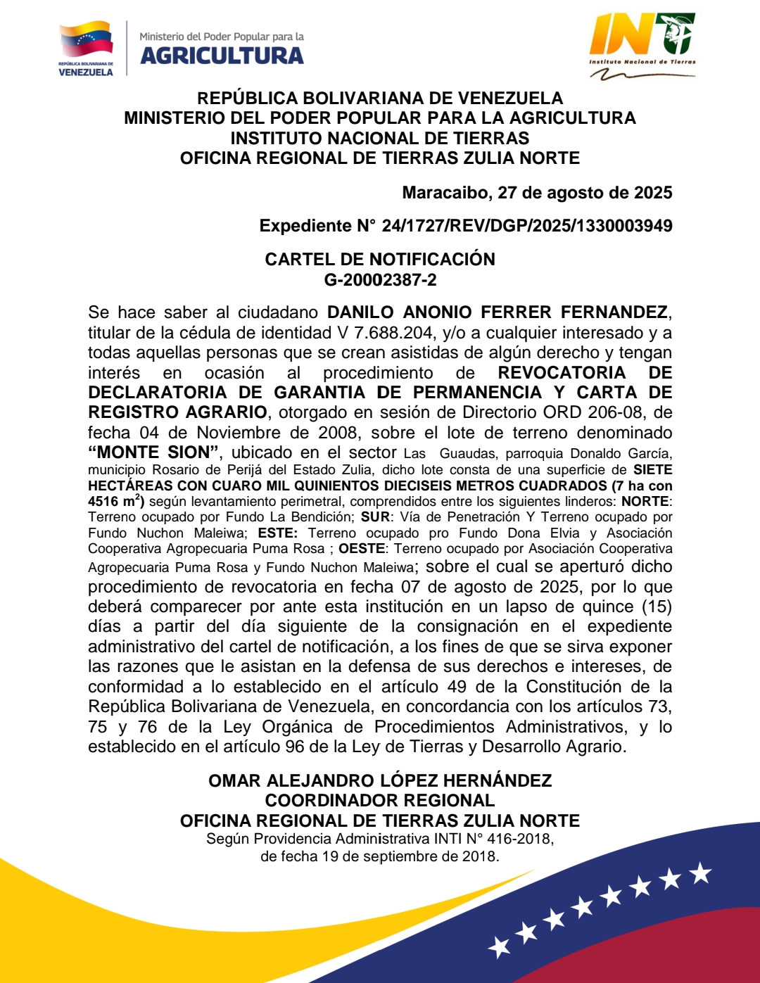 INTI | Cartel de Notificación de Revocatoria a Danilo Anonio Ferrer ...