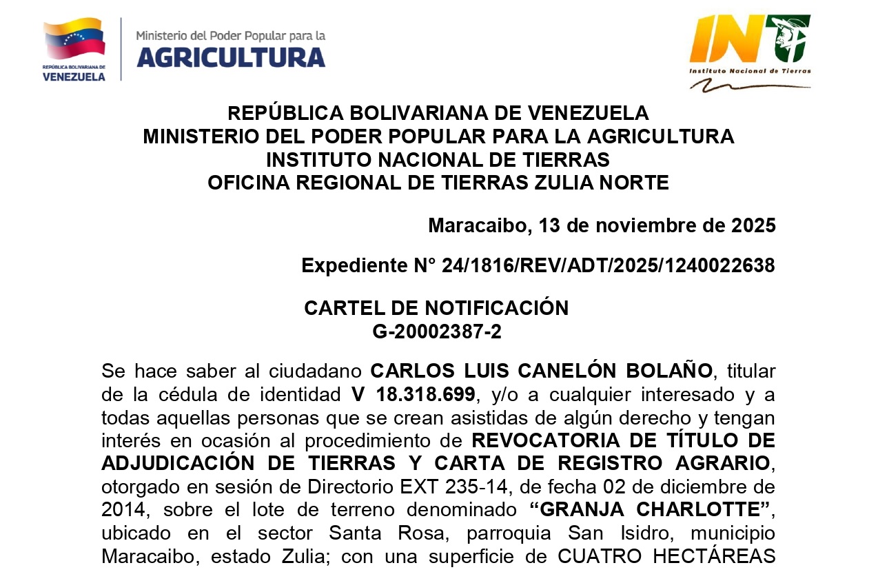 INTI | Cartel de Notificación de Revocatoria a Carlos Luis Canelón ...