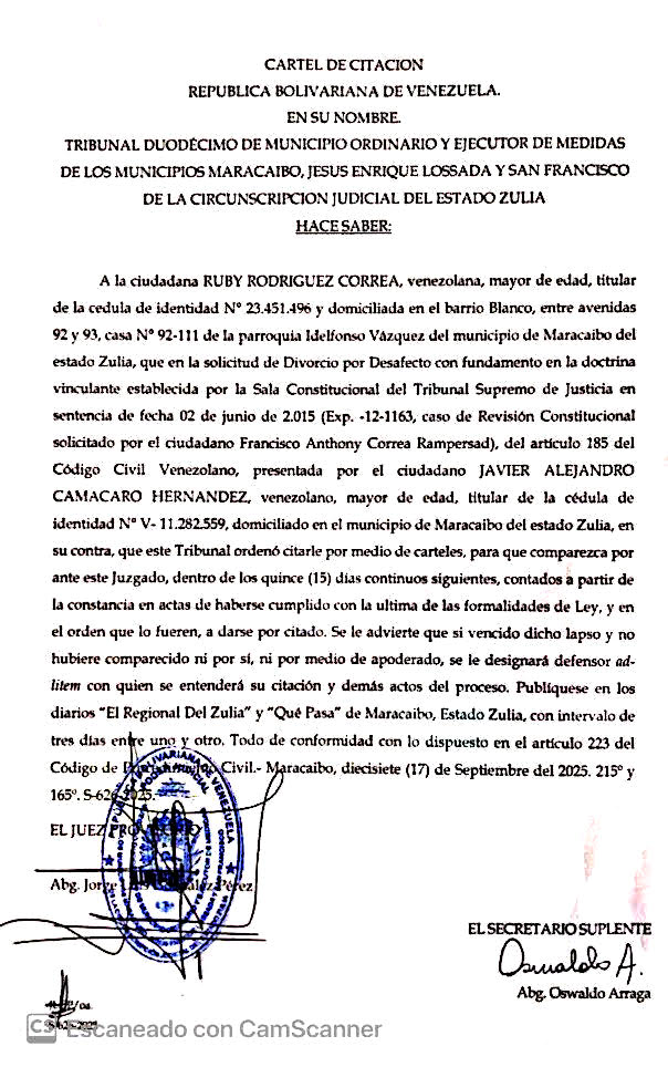 Citación a Ruby Rodríguez Correa al juicio por Divorcio por Desafecto ...