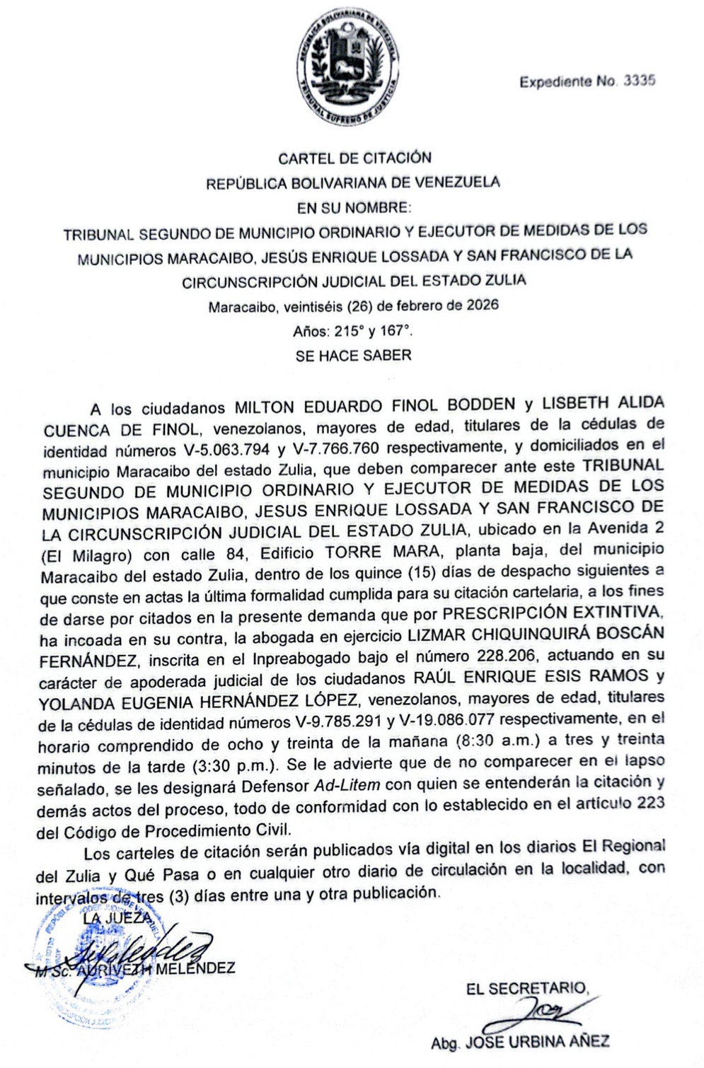 Cartel de Citación a Milton Eduardo Finol Bodden y Elizabeth Alida ...